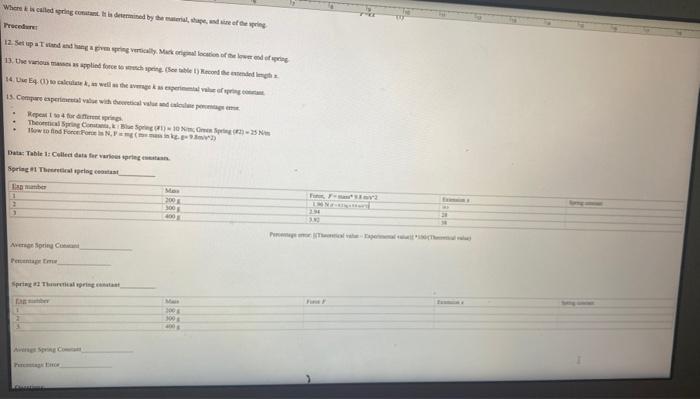 Solved Spring #1 Theoretical spring constant Exp number Mass | Chegg.com