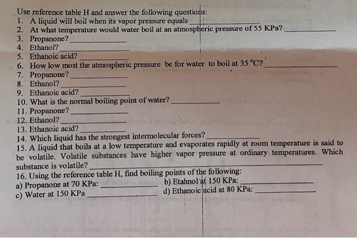 Solved VAPOR PRESSURE AND BOILING Row: Pd: Table H Vapor | Chegg.com