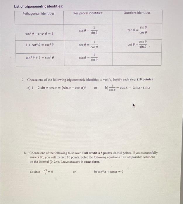 Solved List of trigonometric identities: Pythagorean | Chegg.com
