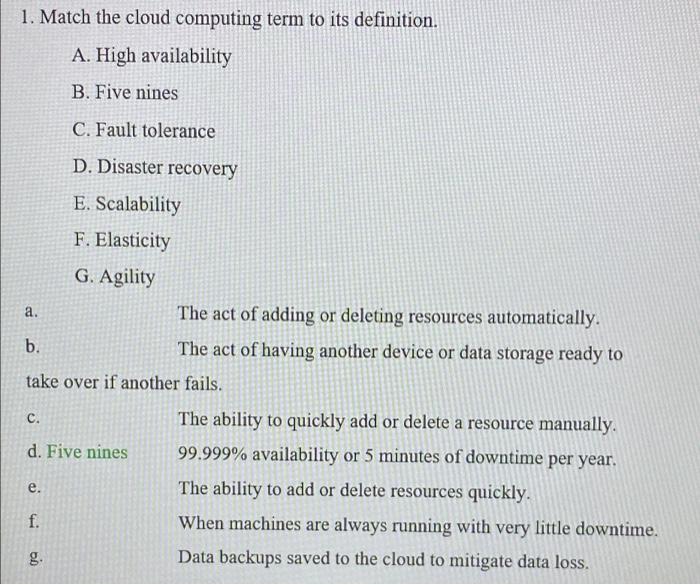 1. Match the cloud computing term to its definition. | Chegg.com