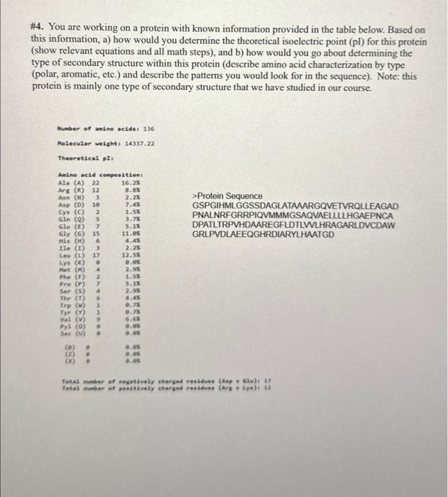 Solved \#4. You are working on a protein with known | Chegg.com