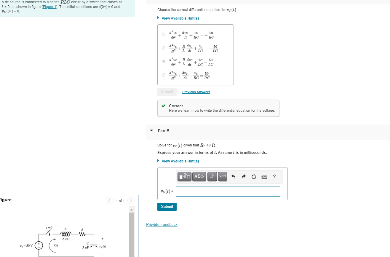 A dc source is connected to a series RLC ﻿circuit by | Chegg.com