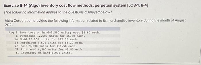Solved Exercise 8-14 (Algo) Inventory cost flow methods; | Chegg.com
