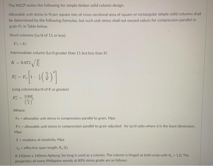 Solved The NSCP states the following for simple timber solid | Chegg.com