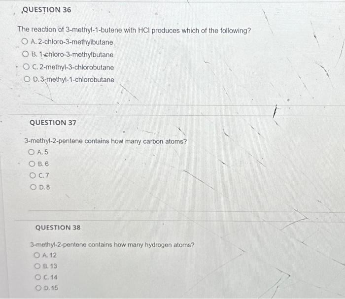 Solved The reaction of 3-methyl-1-butene with HCl produces | Chegg.com