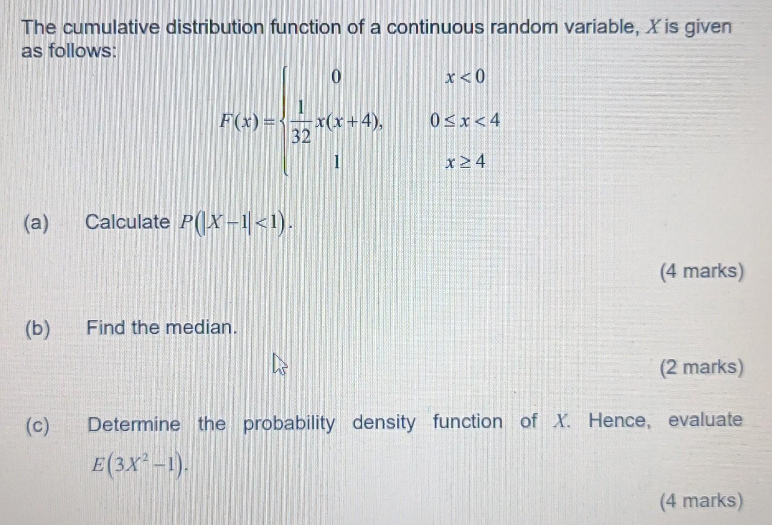 Solved The cumulative distribution function of a continuous | Chegg.com