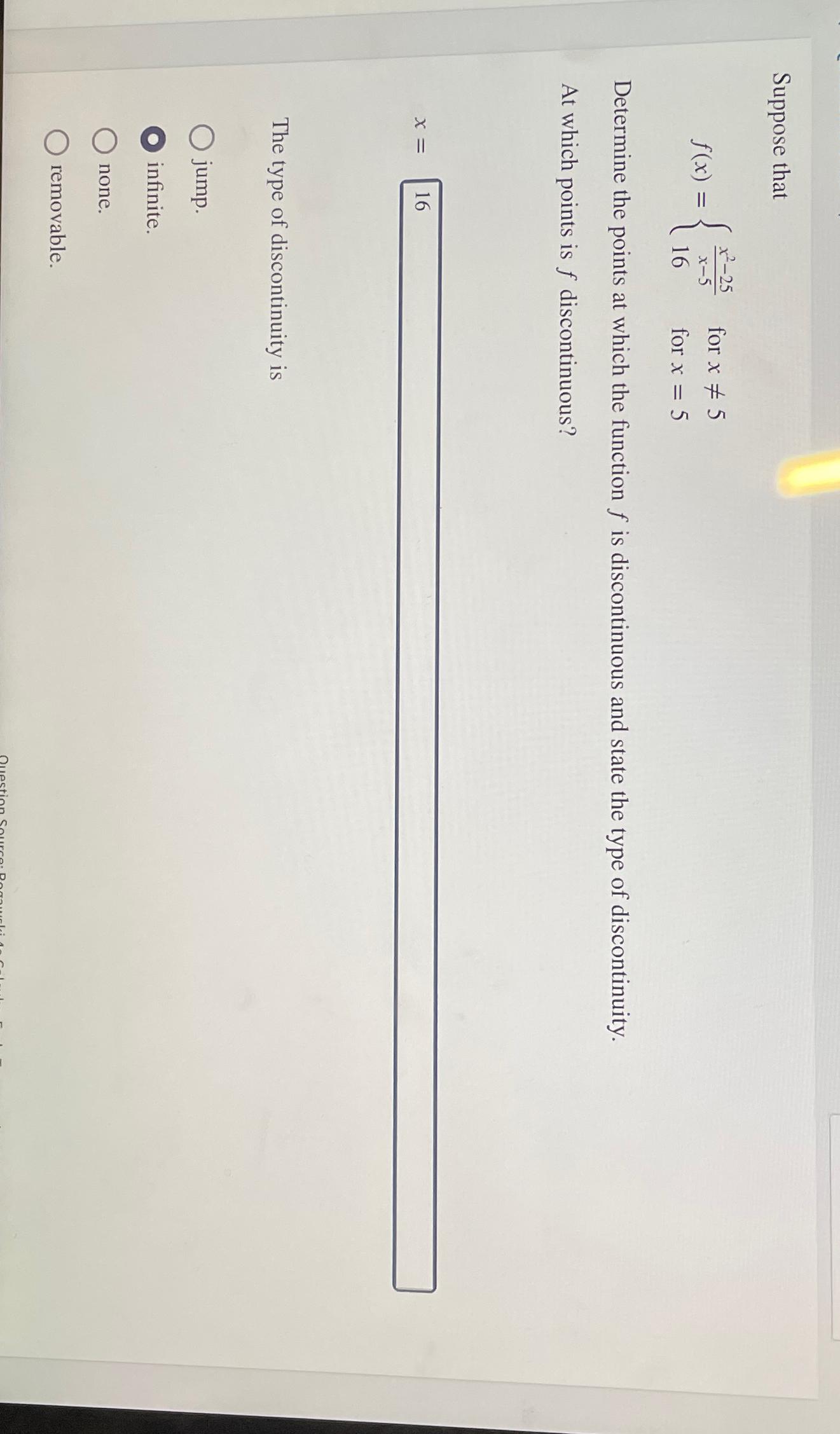 Solved Suppose thatf(x)={x2-25x-5 for x≠516 for x=5Determine | Chegg.com