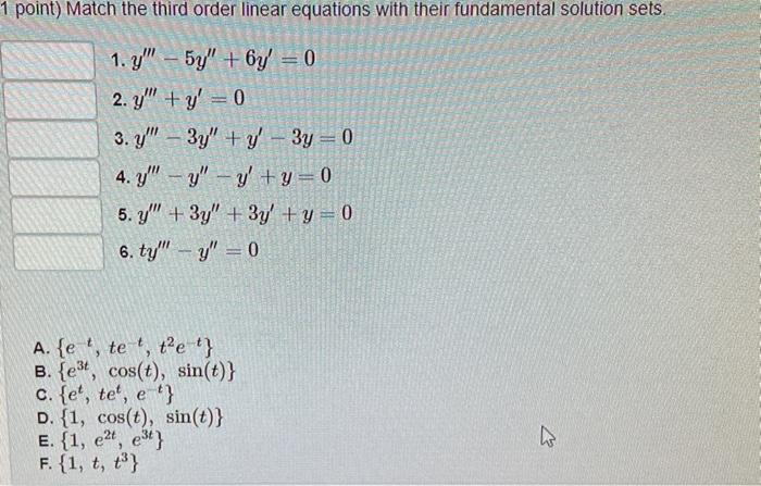 Solved 1. y′′′−5y′′+6y′=0 2. y′′′+y′=0 3. y′′′−3y′′+y′−3y=0 | Chegg.com