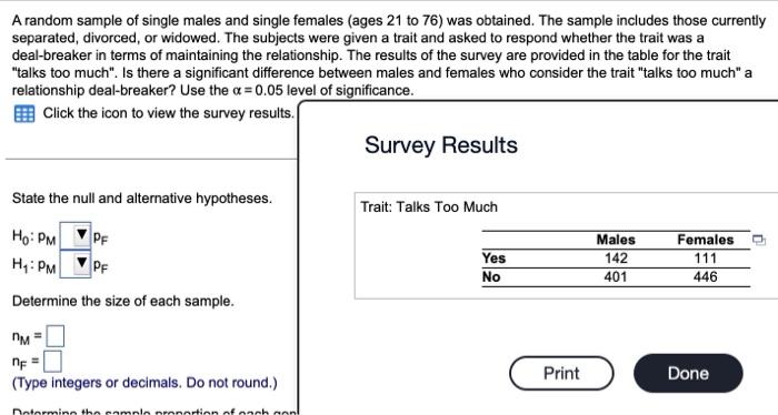 Solved A random sample of single males and single females | Chegg.com