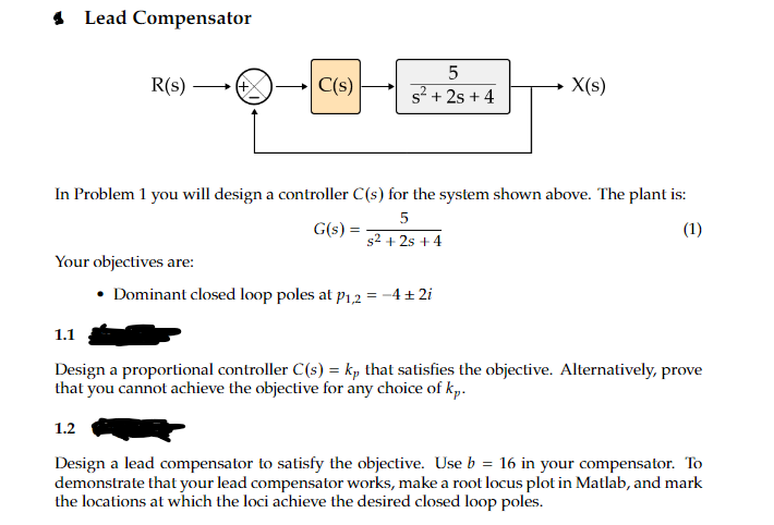 Solved s Lead CompensatorIn Problem 1 ﻿you will design a | Chegg.com