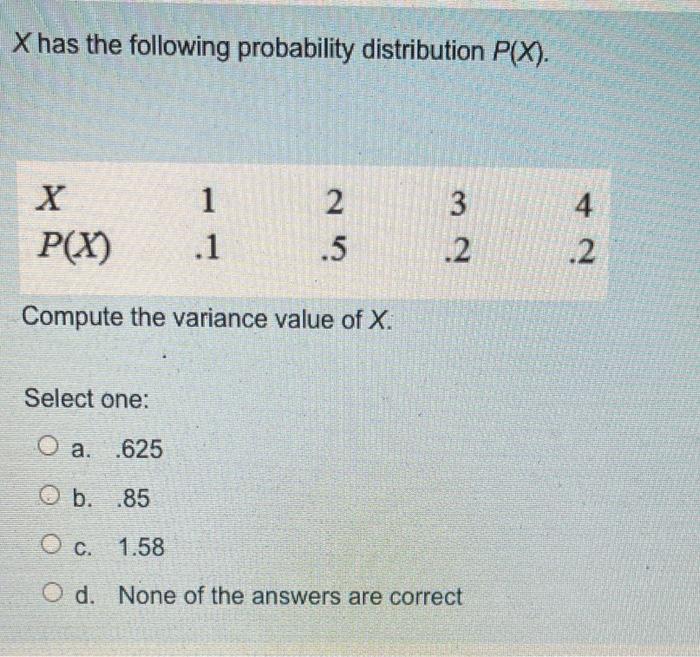Solved X has the following probability distribution P(X). X | Chegg.com