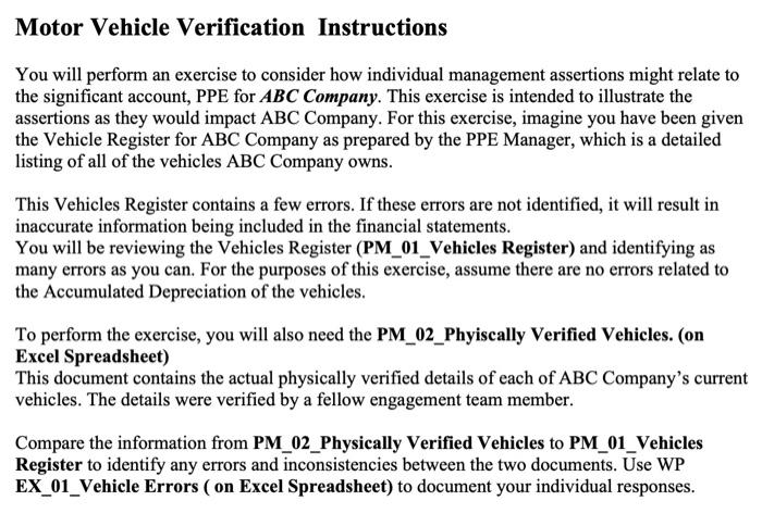 Solved Motor Vehicle Verification Instructions You will | Chegg.com