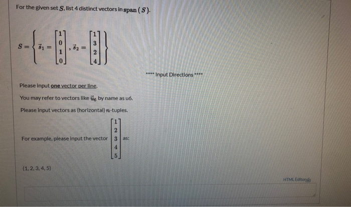Solved For the given set S. list 4 distinct vectors in span | Chegg.com