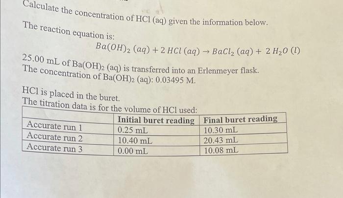 Solved Calculate the concentration of HCl(aq) given the | Chegg.com