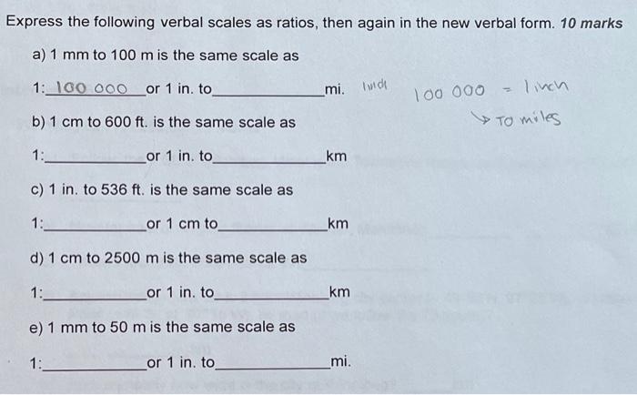 Solved Express the following verbal scales as ratios, then | Chegg.com