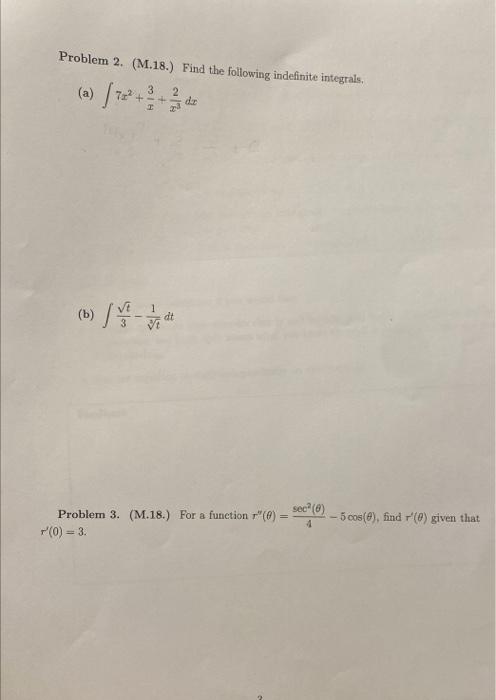 Solved Problem 2. (M.18.) Find the following indefinite | Chegg.com