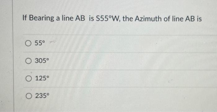 Solved If Bearing a line AB is 555∘W, the Azimuth of line AB | Chegg.com