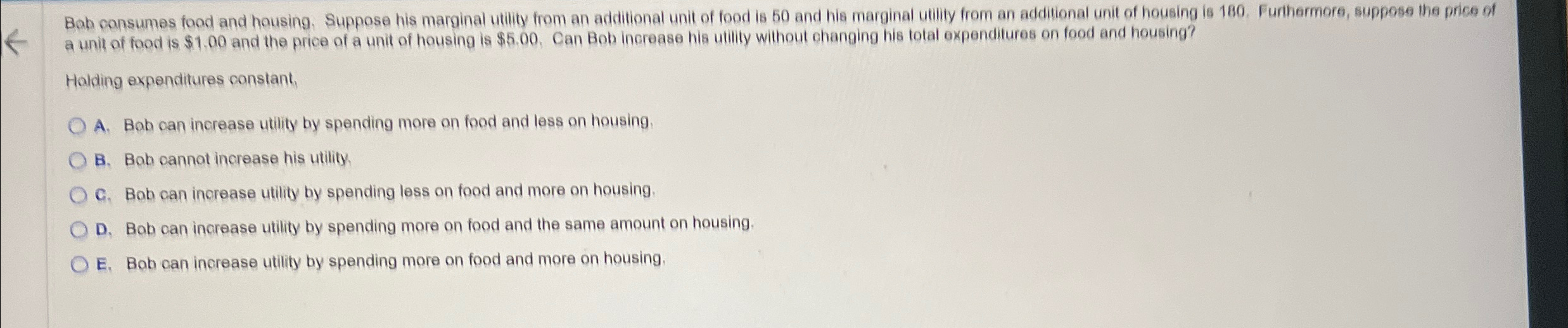 Solved Boh pansumes food and housing. Suppose his marginal | Chegg.com