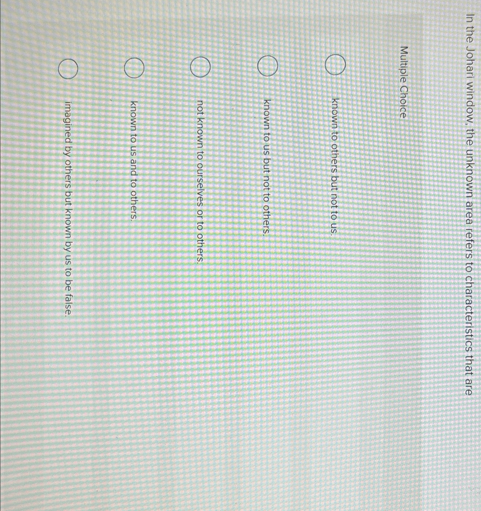 Solved In the Johari window, the unknown area refers to | Chegg.com