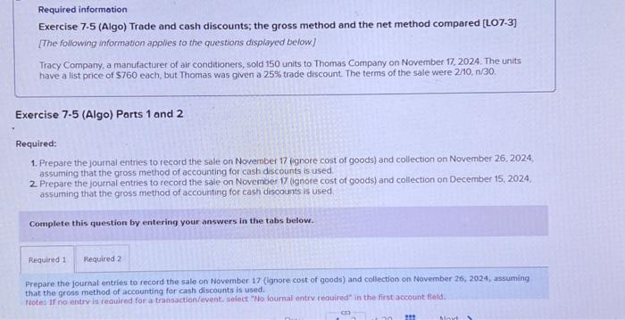 Solved Required informotion Exercise 7.5 (Algo) Trade and | Chegg.com