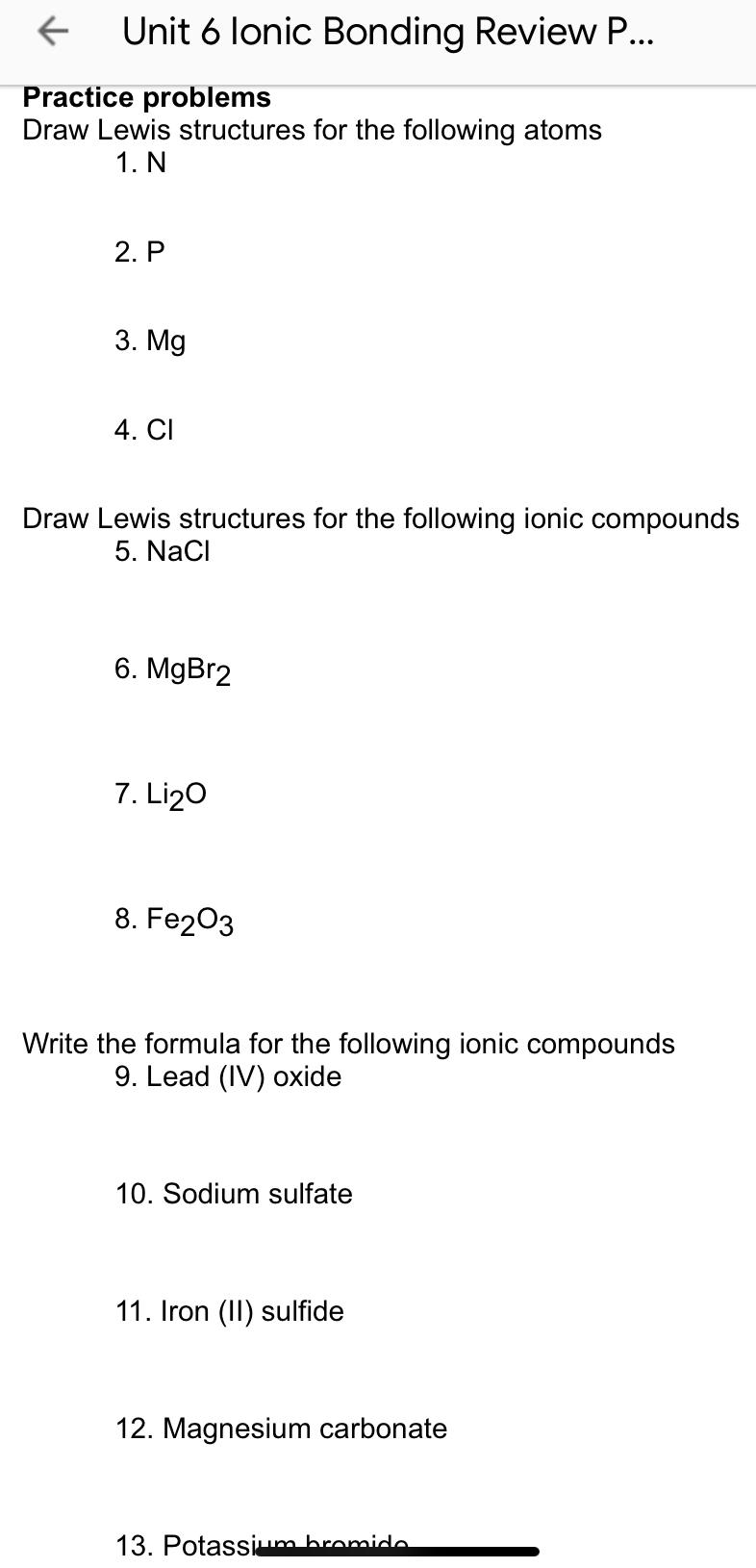 Solved larr, Unit 6 lonic Bonding Review P...\\nPractice | Chegg.com