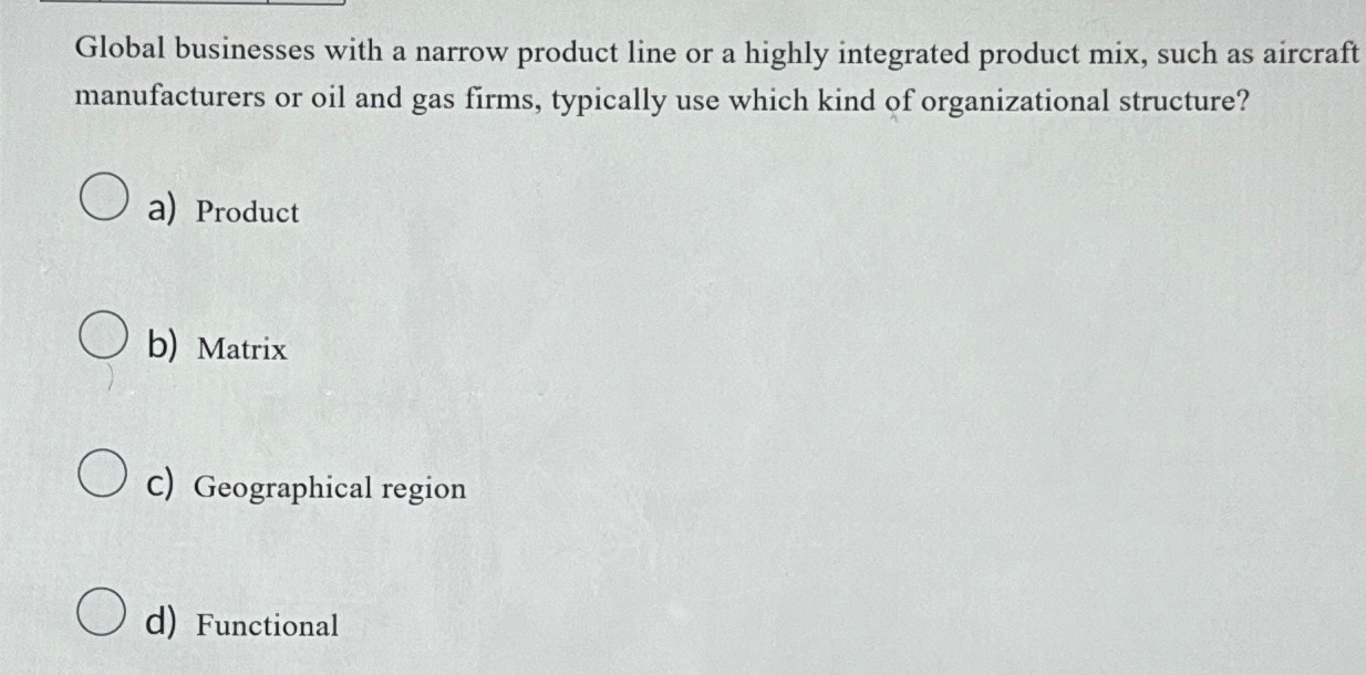 Solved Global businesses with a narrow product line or a | Chegg.com