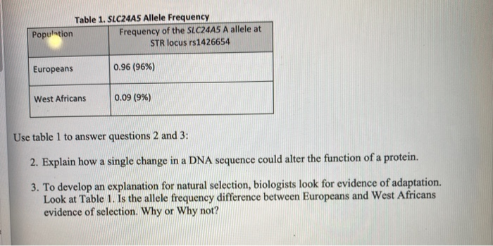Solved Population Table 1. SLC24A5 Allele Frequency | Chegg.com
