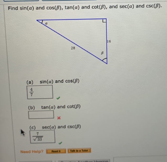 Solved Find sin(a) and cos(B), tan(a) and cot(B), and sec(a) | Chegg.com
