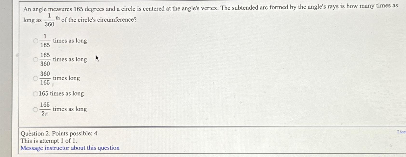 Solved An angle measures 165 ﻿degrees and a circle is | Chegg.com