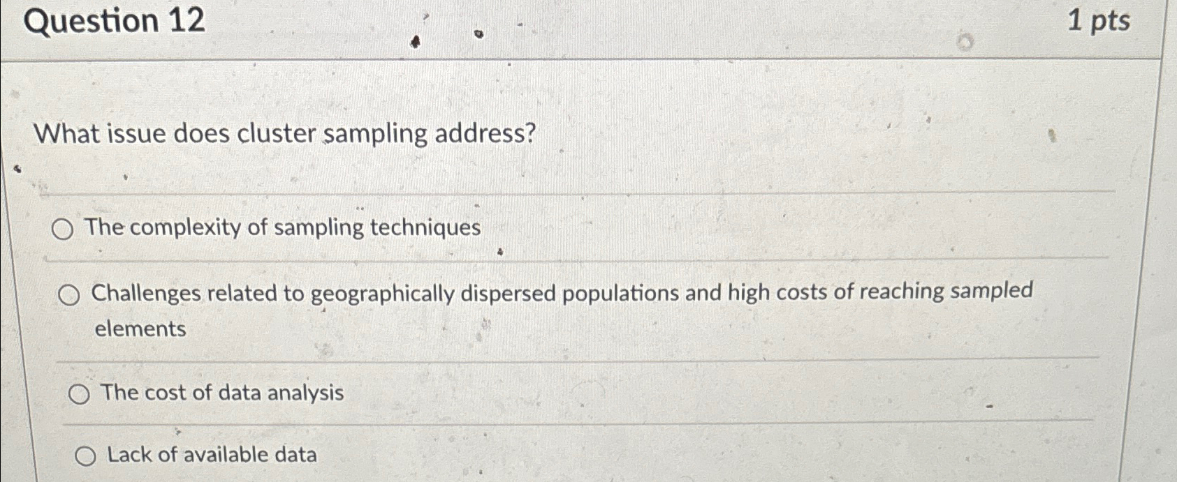 Solved Question 121ptsWhat issue does cluster sampling | Chegg.com