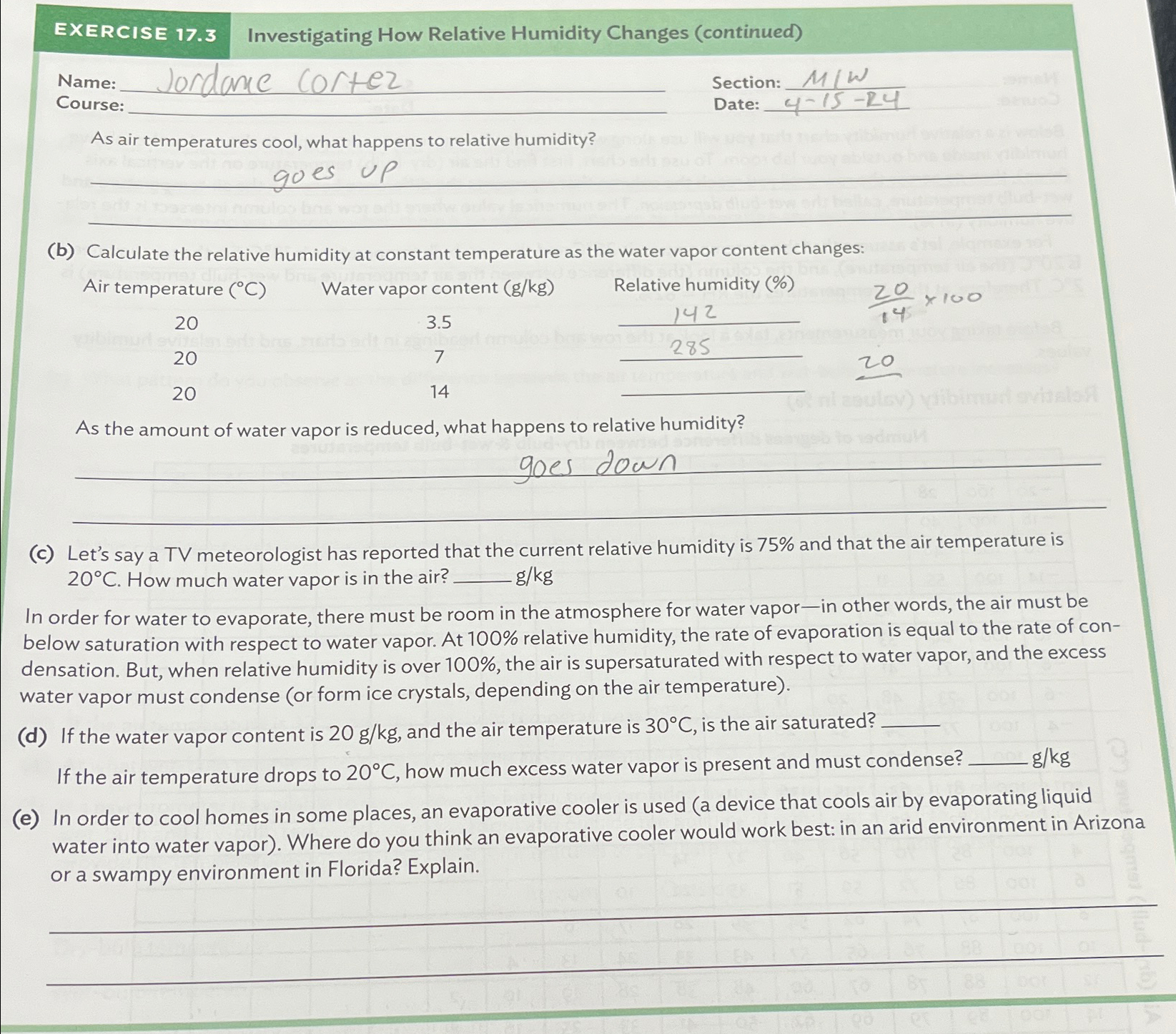 Solved EXERCISE 17.3Investigating How Relative Humidity | Chegg.com