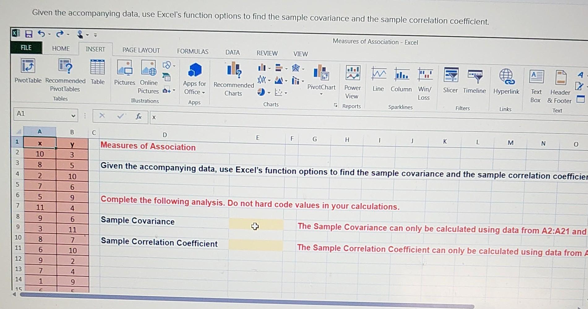 Solved Given the accompanying data, use Excel's function | Chegg.com