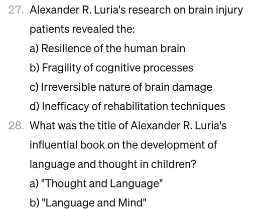 Solved Alexander R. ﻿Luria's research on brain injury | Chegg.com