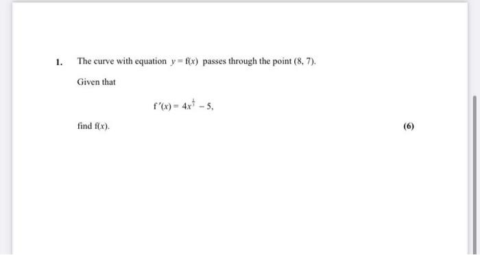 Solved 1. The curve with equation y=f(x) passes through the | Chegg.com