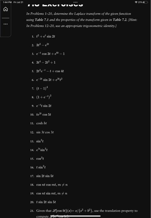 Solved Fri Jut 21 In Problems 1-20, determine the Laplace | Chegg.com