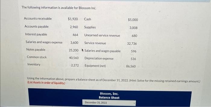 Solved The following information is available for Blossom | Chegg.com