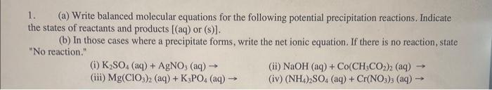 Solved 1. (a) Write balanced molecular equations for the | Chegg.com