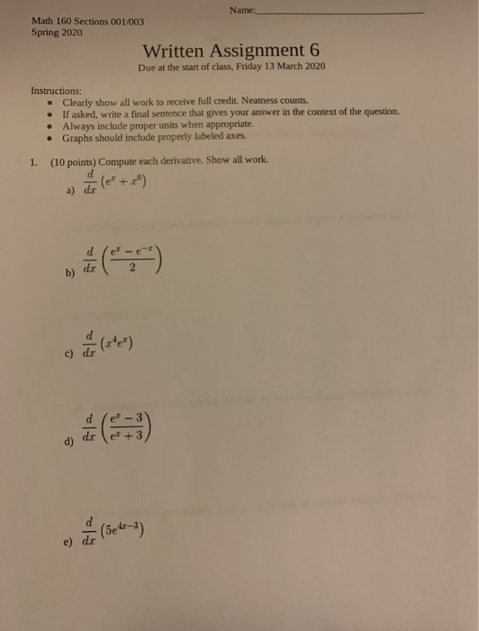 Solved Name: Math 160 Sections 001/003 Spring 2020 Written | Chegg.com