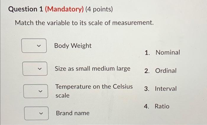 Solved Question 1 (Mandatory) (4 points) Match the variable | Chegg.com