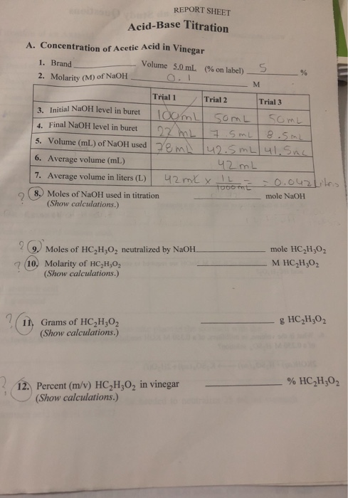Solved REPORT SHEET Acid-Base Titration A. Concentration of | Chegg.com
