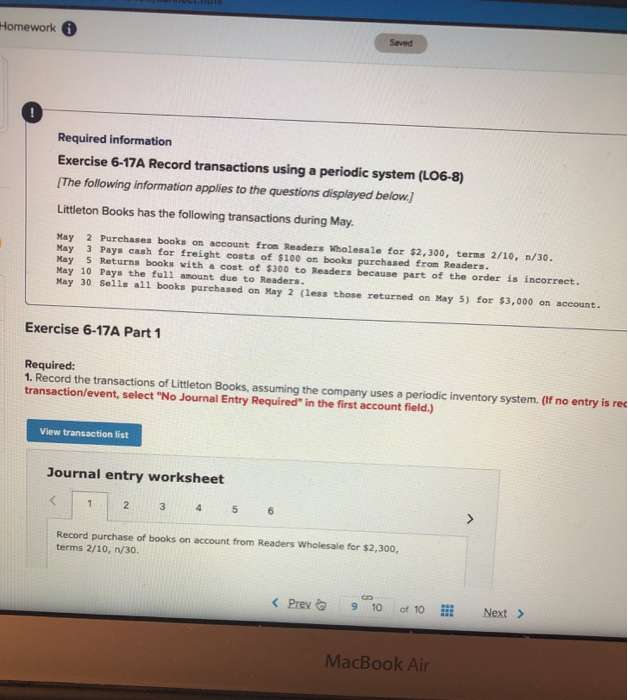 Solved mework 0 Saved Required information Exercise 6-17A | Chegg.com Solved mework 0 Saved Required information Exercise 6-17A | Chegg.com