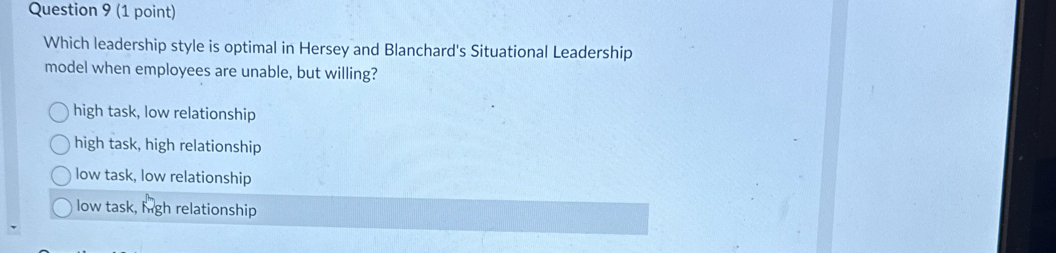Solved Question 9 (1 ﻿point)Which leadership style is | Chegg.com