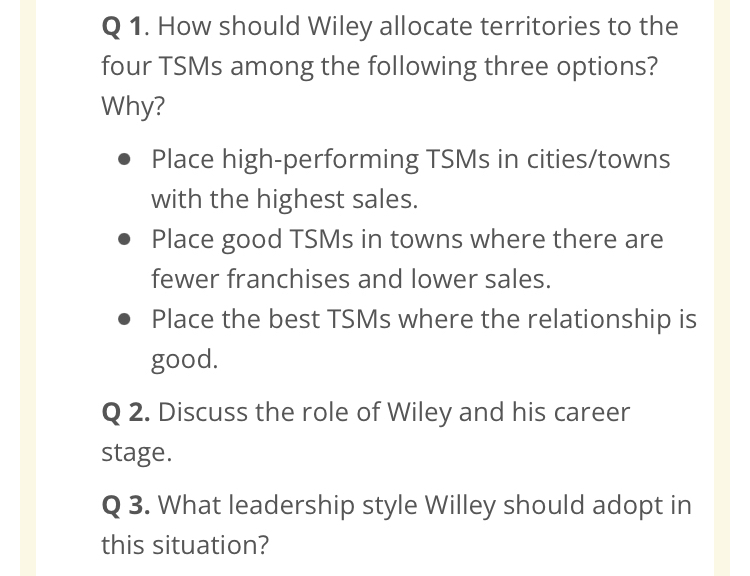 Solved Q 1. ﻿How should Wiley allocate territories to the | Chegg.com