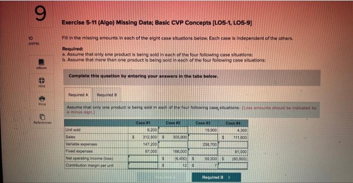 Solved Exercise 5-11 (Algo) Missing Data; Basic CVP Concepts | Chegg.com Solved Exercise 5-11 (Algo) Missing Data; Basic CVP Concepts | Chegg.com