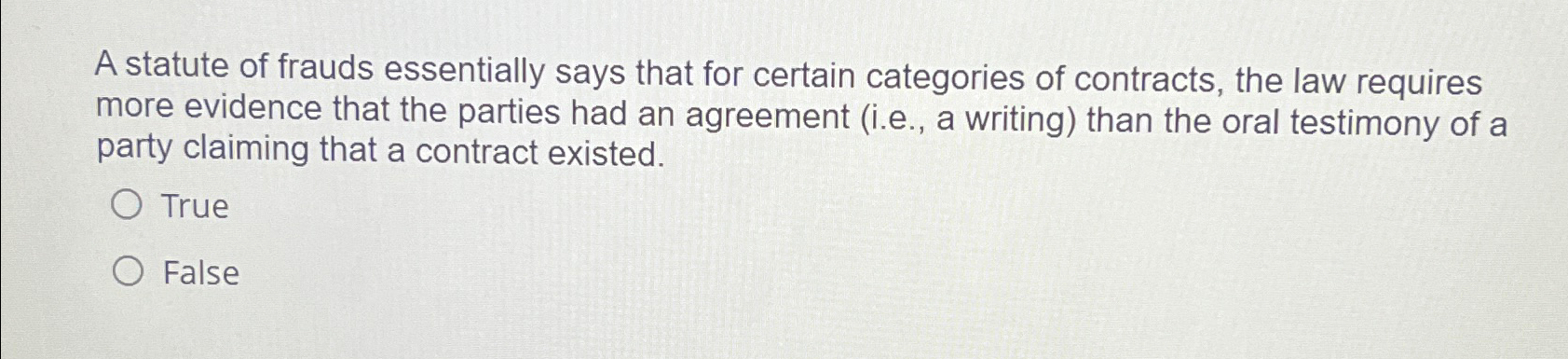 Solved A statute of frauds essentially says that for certain | Chegg.com