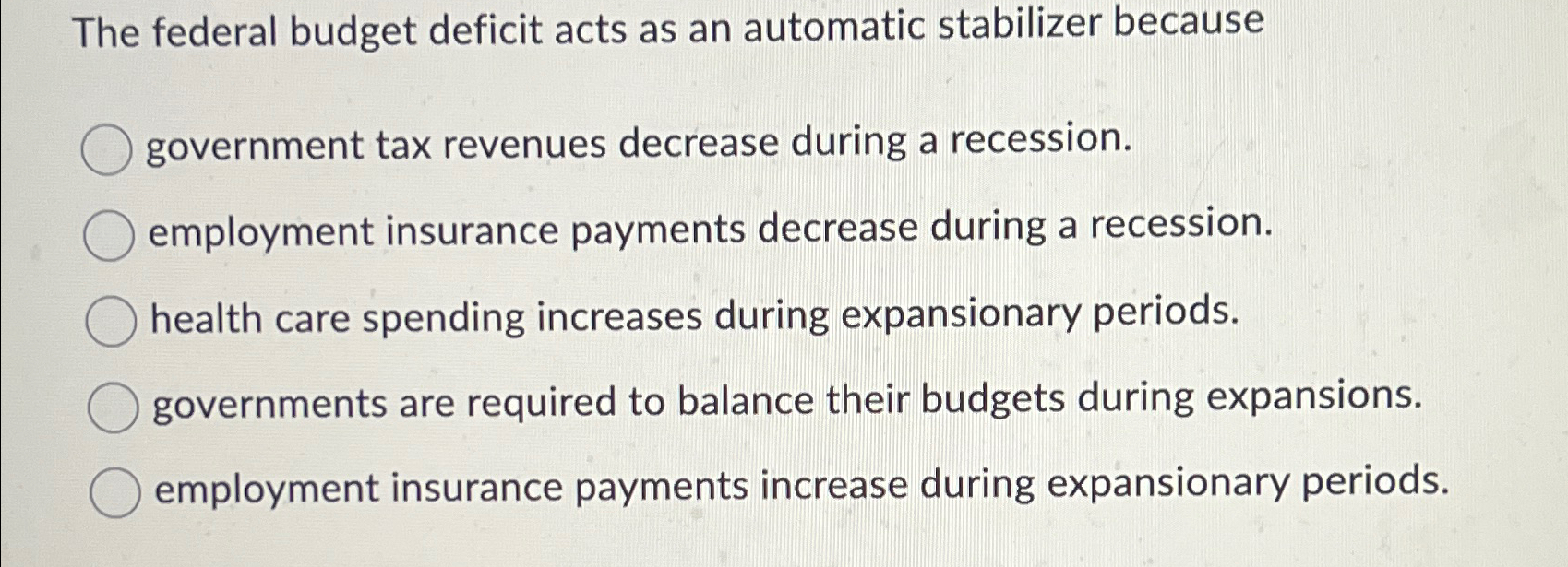 Solved The federal budget deficit acts as an automatic | Chegg.com