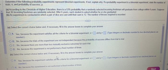 Solved Determine if the following probability experiments | Chegg.com