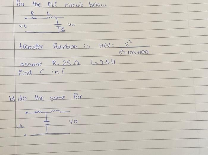 Solved for the RLC circuit below L I IC transfer function is | Chegg.com