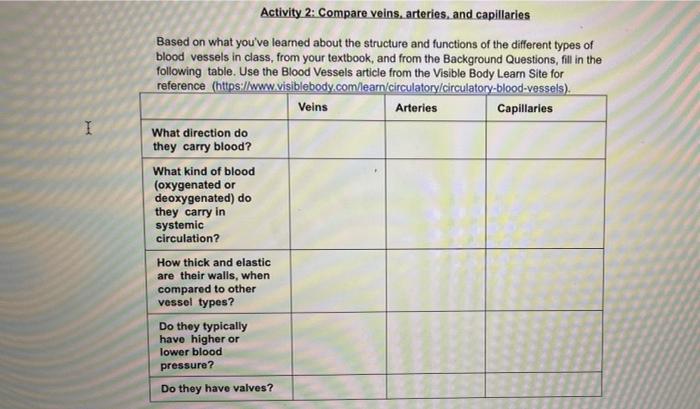 Solved I Activity 2: Compare veins, arteries, and | Chegg.com