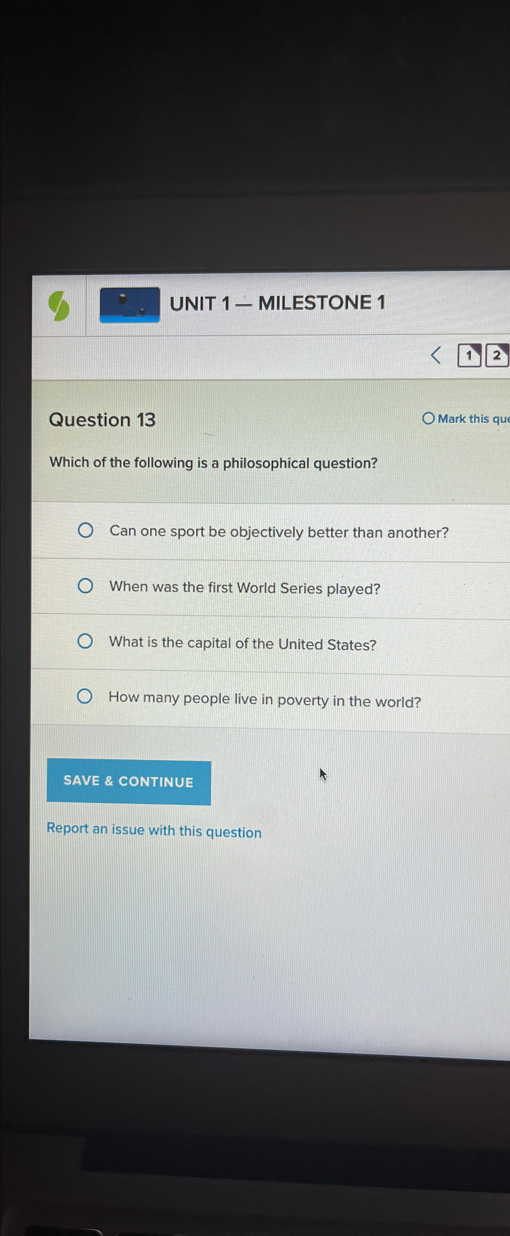 Solved UNIT 1 - ﻿MILESTONE 1Question 13Mark this quWhich of | Chegg.com